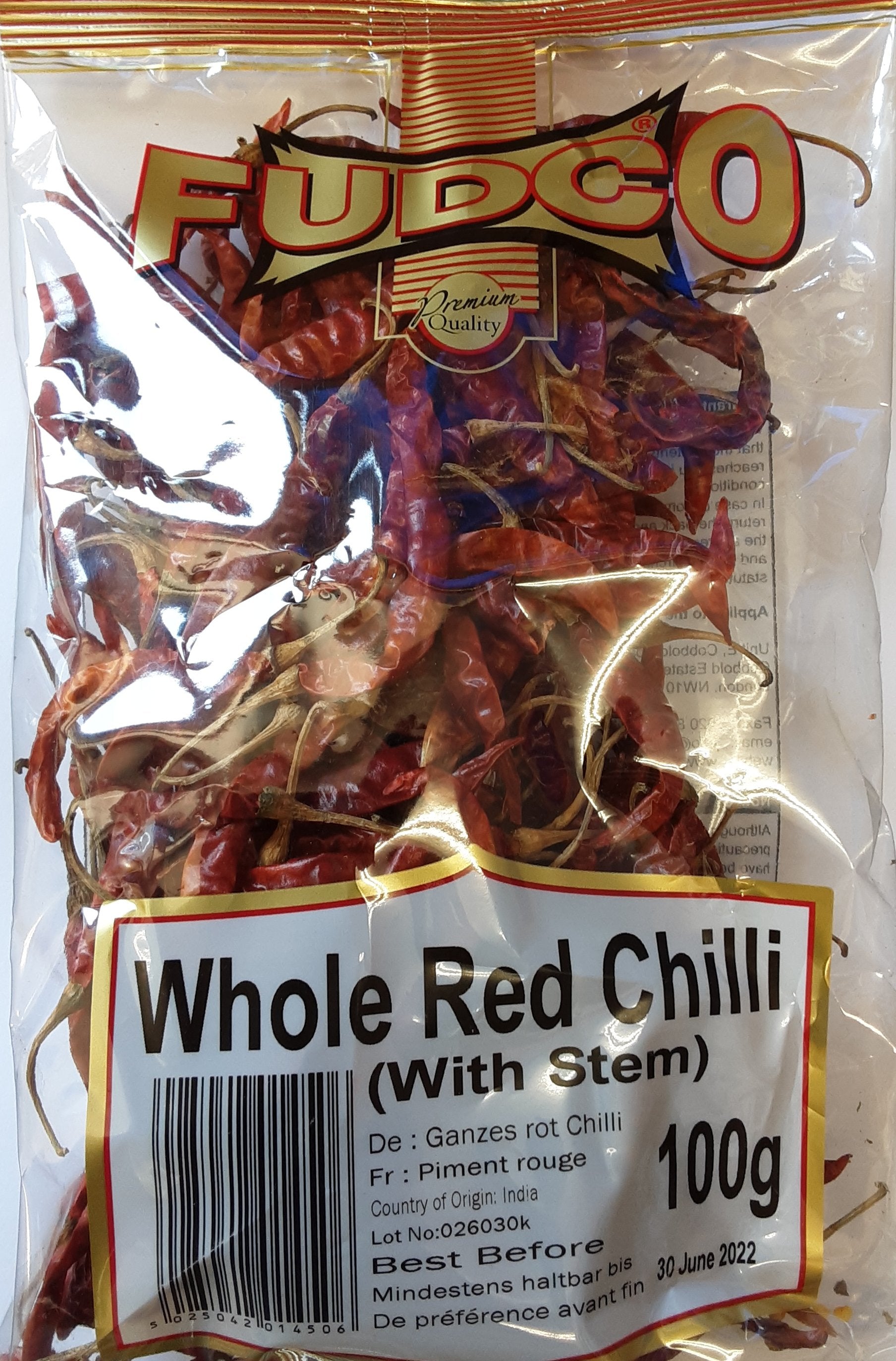 Fudco Chilli Whole Red With Stem 100g – ExoticEstore